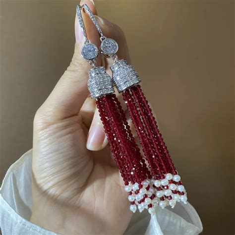 술 옥수에서 그린 레드 컬러와 천연 담수 진주 매달려 귀걸이 양귀비 진주 귀걸이 선물드롭 이어링 Aliexpress