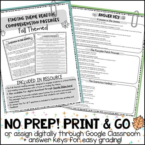 Finding Theme Fall Reading Passage Comprehension Worksheets Digital And Print