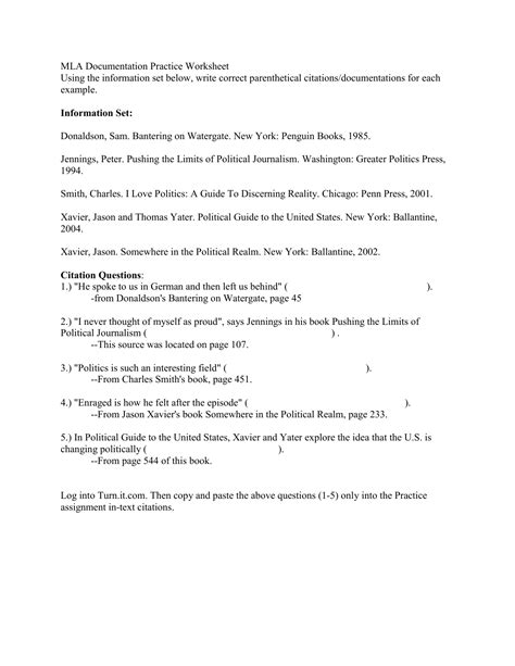 Mla Citation Practice Worksheet