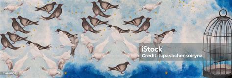 세련 된 일러스트 아트의 현대 작품 캔버스에 내 원래 유화 그림은 가로 상징적 사진 무료 조류 비둘기는 하늘과 구름과 오픈 버드 케이지에 금 곡물을 쪼아 새에 대한 스톡