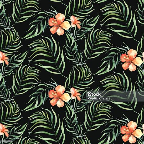 열 대의 원활한 수채화 패턴 나뭇잎 알로하 정글 장식 손으로 그린 팜 리프 트로픽 여름 시간 배경 종이 섬유 또는 벽지 디자인 포장으로 사용 되는 텍스처 0명에 대한 스톡