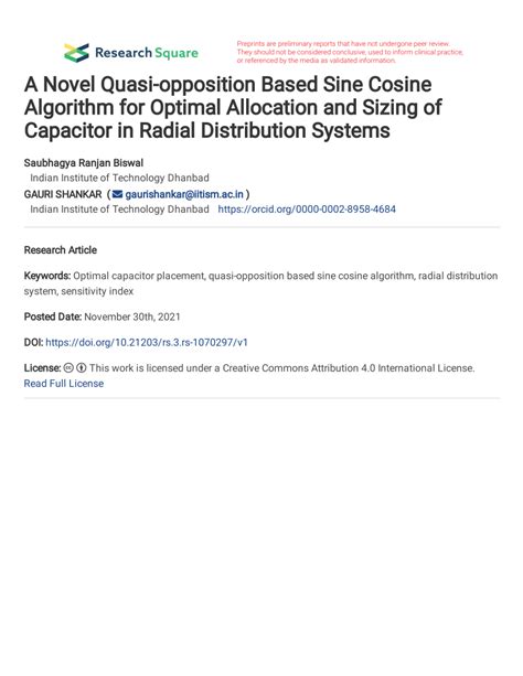 Pdf A Novel Quasi Opposition Based Sine Cosine Algorithm For Optimal