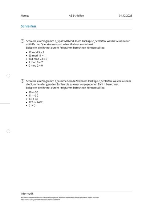 Arbeitsblatt Ab Schleifen Informatik Tutoryde