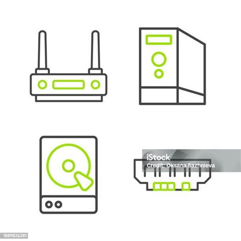 회선 Ram 랜덤 액세스 메모리 하드 디스크 드라이브 Hdd 컴퓨터 케이스 및 라우터 Wifi 신호 아이콘을 설정합니다 벡터