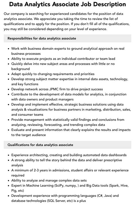 Data Analytics Associate Job Description Velvet Jobs
