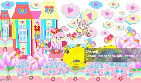 밝은 만화 소녀 토끼 토끼와 멋진 가정과 정원 꽃 다채로운 일러스트 레이 션 2022 나비에 대한 스톡 벡터 아트 및 기타