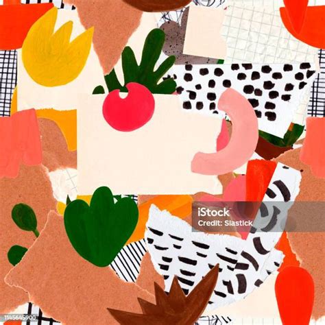 구 아 슈와 종이 콜라주 완벽 한 패턴입니다 Trandy 추상 콜라주입니다 종이 요소 스케치 낙서 선 도트 꽃 나뭇잎 모양을 잘라냅니다 손으로 그린 그림 포장 커버 등 0