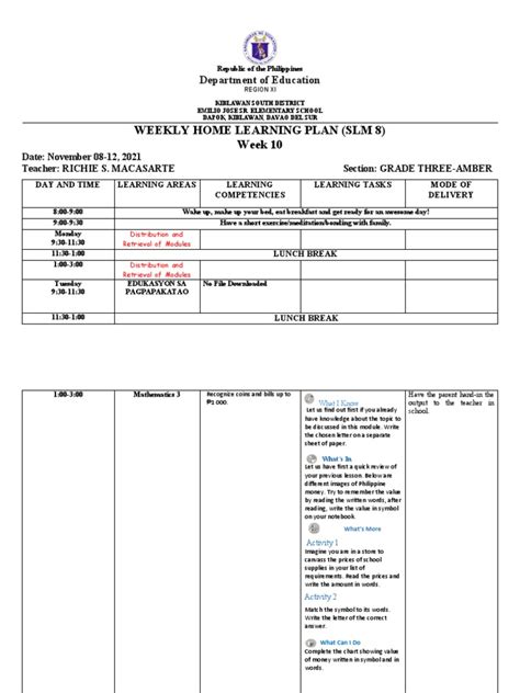 Weekly Home Learning Plan Week 10 Slm8 Pdf Plural Cognitive Science
