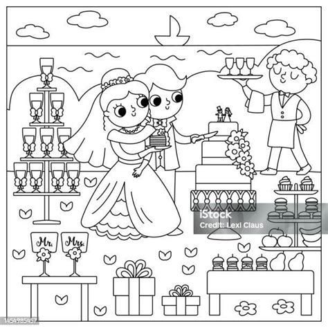 벡터 흑백 결혼식 장면 귀여운 그냥 결혼 한 커플 결혼 라인 결혼식 풍경 색칠하기 페이지와 신부와 신랑 캔디 바 근처에서