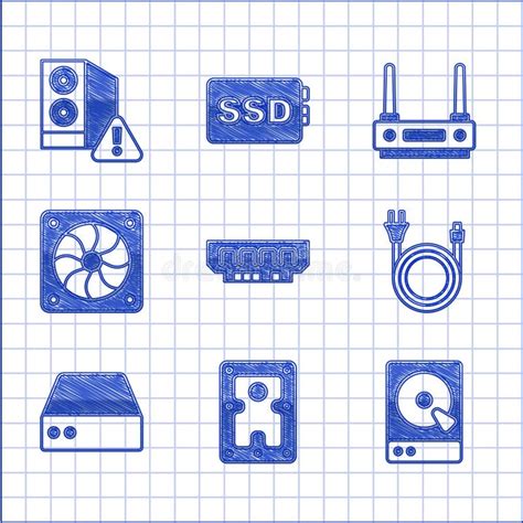 Set Ram Random Access Memory Hard Disk Drive Hdd Electric Plug Server Data Web Hosting