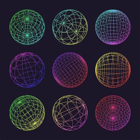 Premium Vector Neon Wireframe Shapes Lined Sphere Perspective Mesh D Grid Low Poly Geometric
