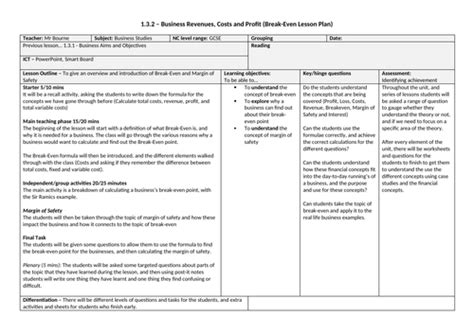 Edexcel Gcse Business Break Even Analysis Teaching Resources