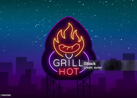 네온 스타일에서 그릴 기호입니다 음식의 주제에 그림을 벡터 같은 고기 네온 사인 밝은 기호 그릴 바 레스토랑 스낵 바 다 이닝 룸 바베 큐 파티입니다 밝은 밤 광고 가벼운에