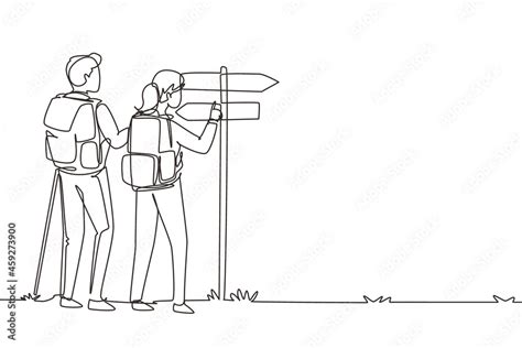 Continuous One Line Drawing Direction Pointer Hikers Couple Man And