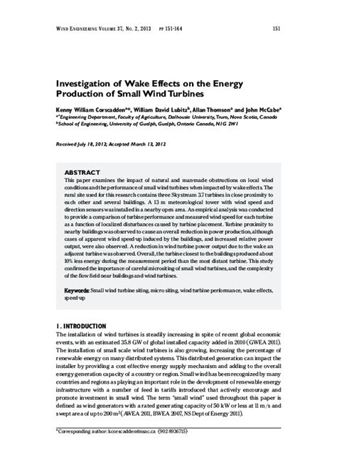 Pdf Investigation Of Wake Effects On The Energy Production Of Small Wind Turbines William
