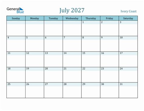 Ivory Coast Holiday Calendar For July 2027