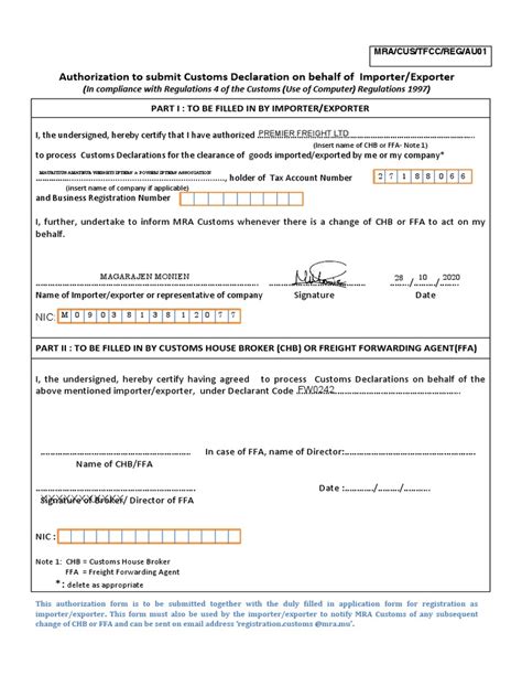 Authorisation Consent Form Pdf Customs Business