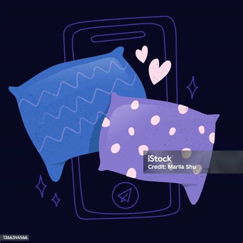 밤이나 저녁에 의사 소통에 대한 그림입니다 휴대 전화 메신저에서 응용 프로그램의 배경에 말문 거품의 형태로 두 개의 베개 단추를 보냅니다 하트와 로맨틱 침대에 대한 스톡