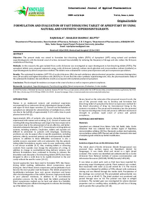 Pdf Formulation And Evaluation Of Fast Dissolving Tablet Of Aprepitant By Using Natural And