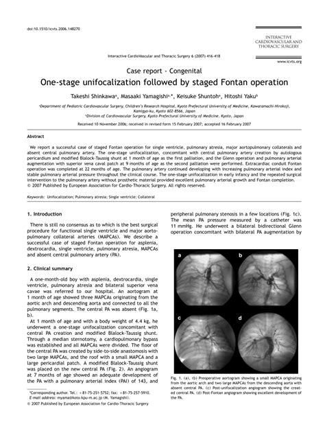 Pdf One Stage Unifocalization Followed By Staged Fontan Operation