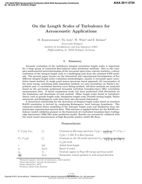 Pdf On The Length Scales Of Turbulence For Aeroacoustic Applications
