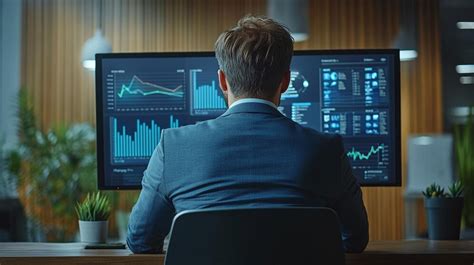 a man sits in front of a computer with a graph showing the financial