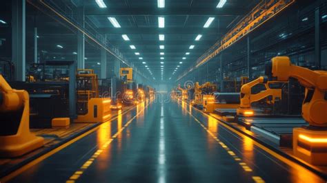 Automated Factory Production Line With Yellow Robots Stock Illustration Illustration Of