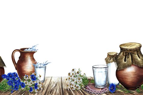 나무 테이블에 세라믹과 유리 제품으로 된 유제품 이음매 없는 테두리 수채화 손으로 그린 그림입니다 흰색 배경입니다 낙농품 포장 전단지의 디자인 광고 배너를 위해 0명에 대한