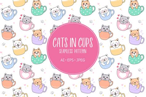 Cute Cats Kittens In Cups Pattern Graphic By Cmeree · Creative Fabrica