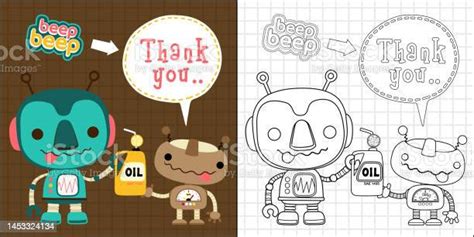 재미 있는 로봇의 벡터 만화는 오렌지 맛 색칠하기 책 또는 페이지로 기름을 마신다 귀여운에 대한 스톡 벡터 아트 및 기타 이미지 귀여운 낙서 드로잉 놀기 Istock