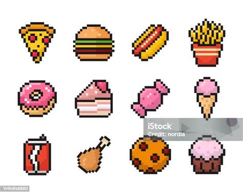 패스트 푸드 픽셀 아트 아이콘 빈티지 8 비트 80 년대 90 년대 게임 컴퓨터 아케이드 게임 아이템 쿠키 아이스크림 사탕 벡터 일러스트 레이션 모자이크 처리에 대한 스톡