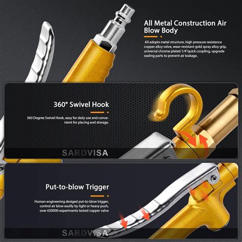 11 Pcs Industrial Air Blow Gun Set With 4 8” Air Flow Extension Gold