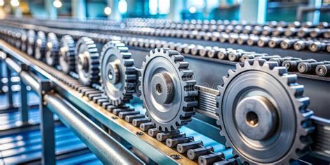 Industrial Gears And Chain Closeup Of A Conveyor Belt System With