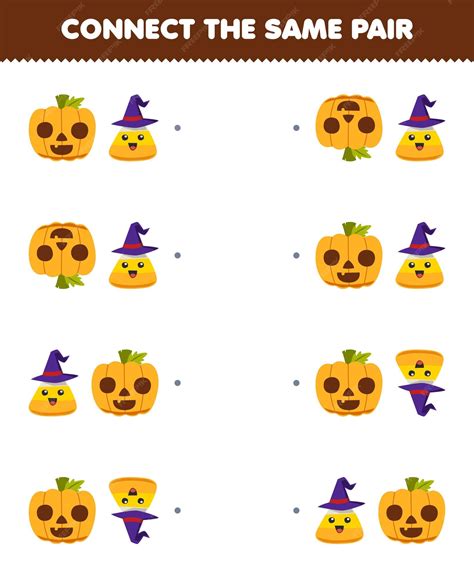 어린이를 위한 교육 게임은 귀여운 만화 호박과 옥수수 사탕 쌍 인쇄 가능한 할로윈 워크시트의 동일한 그림을 연결합니다 프리미엄 벡터