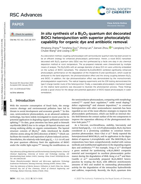 Pdf In Situ Synthesis Of A Bi 2 O 3 Quantum Dot Decorated Biocl Heterojunction With Superior