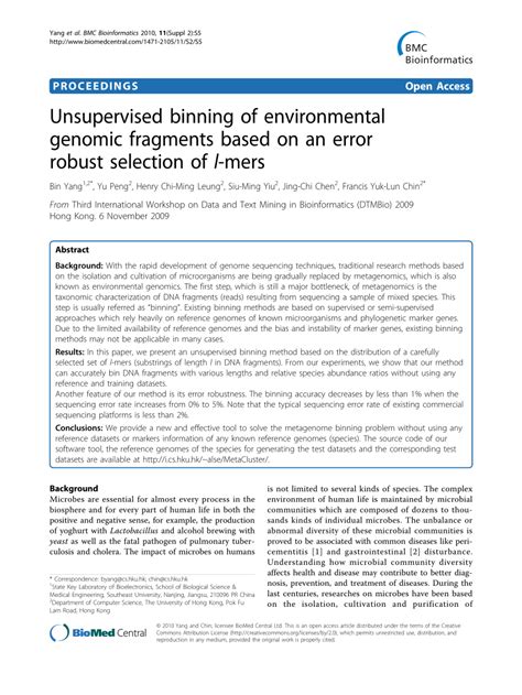 Pdf Unsupervised Binning Of Environmental Genomic Fragments Based On