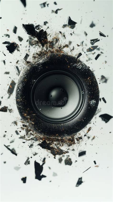 explosive sound wave with shattered speaker parts in dynamic display of