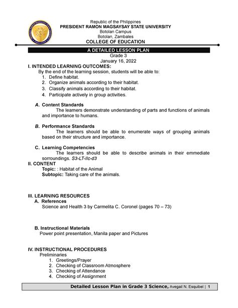 Esquibel Avegail N BEED Detailed Lesson PLAN IN Science Republic Of The Philippines