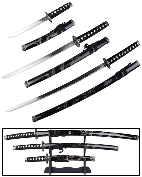 Lot 3 Katanas Dragon Socle Katana Sabre Japonais