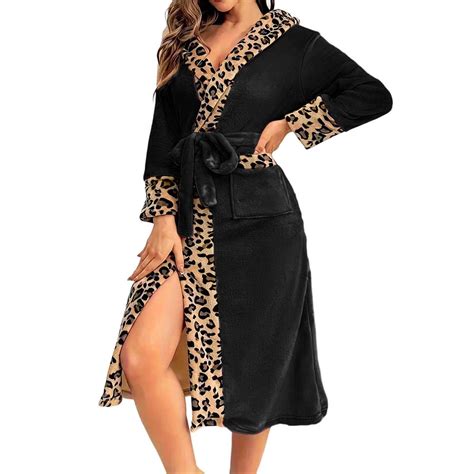 Women Robe Casual Splice Leopard Print Flannel Long Sleeve Bathelegant
