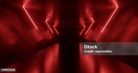 공상 과학 미래 네온 레이저 전기 사이버 빛나는 벙커 빨간색 생생한 조명 무대 차고 격납고 복도 복도 터널 시멘트 콘크리트 그런지 지하 클럽 3d 렌더링 0명에 대한 스톡
