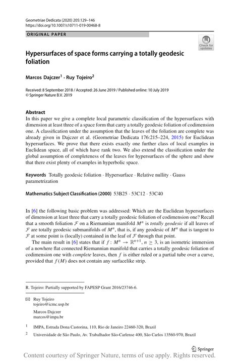 Hypersurfaces Of Space Forms Carrying A Totally Geodesic Foliation Request Pdf