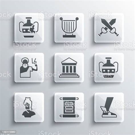 법령 양피지 두루마리 헤르메스 샌들 고대 암포라 파르테논 신전 흉상 조각 제우스 부서지고 교차된 중세 검 아이콘을 설정합니다