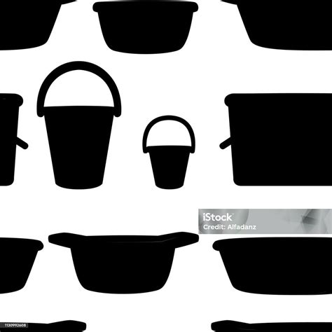 완벽 한 패턴입니다 블랙 실루엣 물 컨테이너의 컬렉션입니다 물 양동이와 유역 플라스틱 제품 대량 시장 흰색 바탕에 평면 벡터