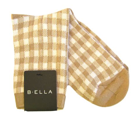 B Ella Ladies Cotton Blend Crew Socks Abigail Gingham Khaki And White