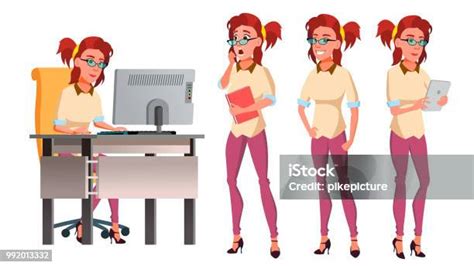 사무실 작업자 벡터입니다 여자입니다 행복 한 서 기 하 인 직원입니다 액션 비즈니스 인간입니다 감정 다양 한 제스처를 얼굴 단독된 문자 그림 가냘픈에 대한 스톡 벡터 아트