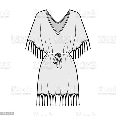 프린지 카프탄 드레스 테크니컬 패션 일러스트와 V넥 배트윙 팔꿈치 소매 무릎 위 길이 오버사이즈 0명에 대한 스톡 벡터 아트 및 기타 이미지 Istock