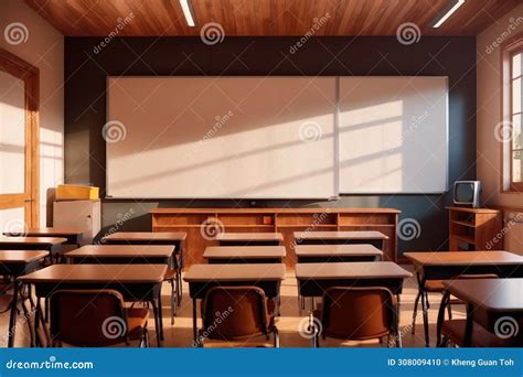 Empty Modern Classroom With Blank Whiteboard Bright Sunny Education Environment Stock