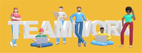 노란색 배경에 노트북 태블릿 전화 및 단어 팀워크와 젊은 다민족 성공적인 사람들의 그룹 수평 배너 만화 캐릭터 와 텍스트 웹 사이트 슬로건 3d 렌더링 공동체에 대한 스톡