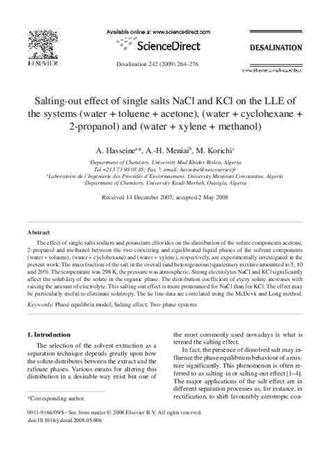 Pdf Salting Out Effect Of Single Salts Nacl And Kcl On The Lle Of The